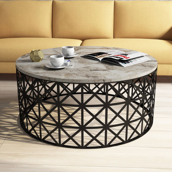 Hanah Home Mesa de centro White Marble, 90x38x90cm, Tablero de ...