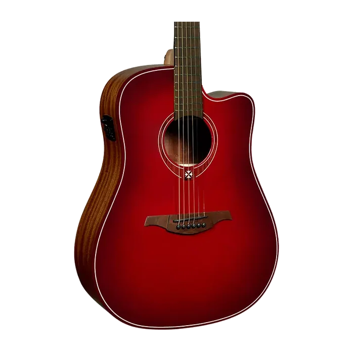 LAG Guitare Folk Électroacoustique Dreadnought A/E Cutaway Rouge ...